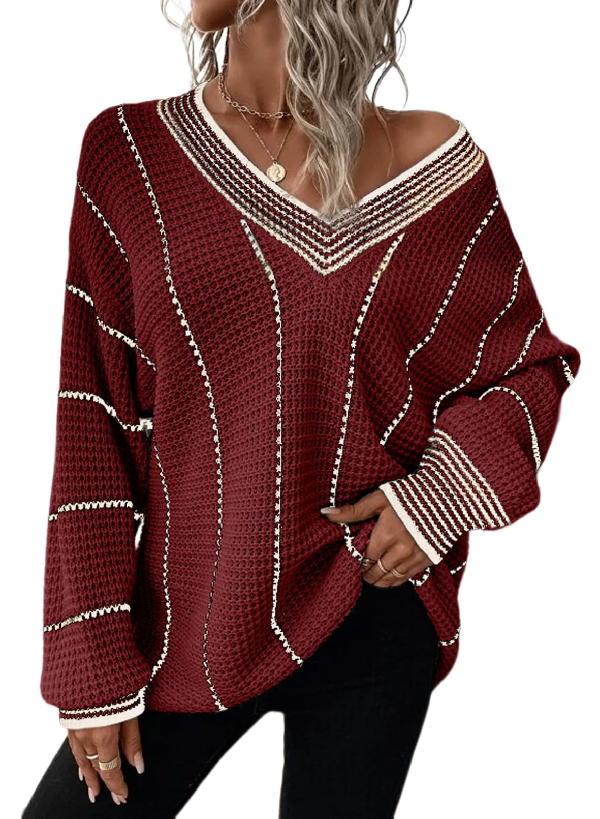 Dokotoo Striped Sweater for Women Fashion Color Block Tunic Sweaters for Women Oversized Long Sleeve V Neck Jumpers Top Red Small