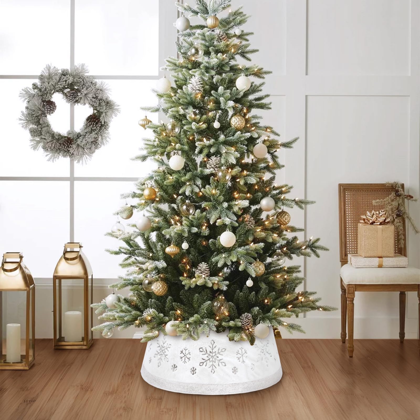 LASPERAL White Christmas Tree Collar, 30 Inches Sliver Snowflake Tree Ring for Artificial Tree Farmhouse Plush Xmas Tree Stand Cover with Plastics Sheets Christmas Holiday Tree Decoration