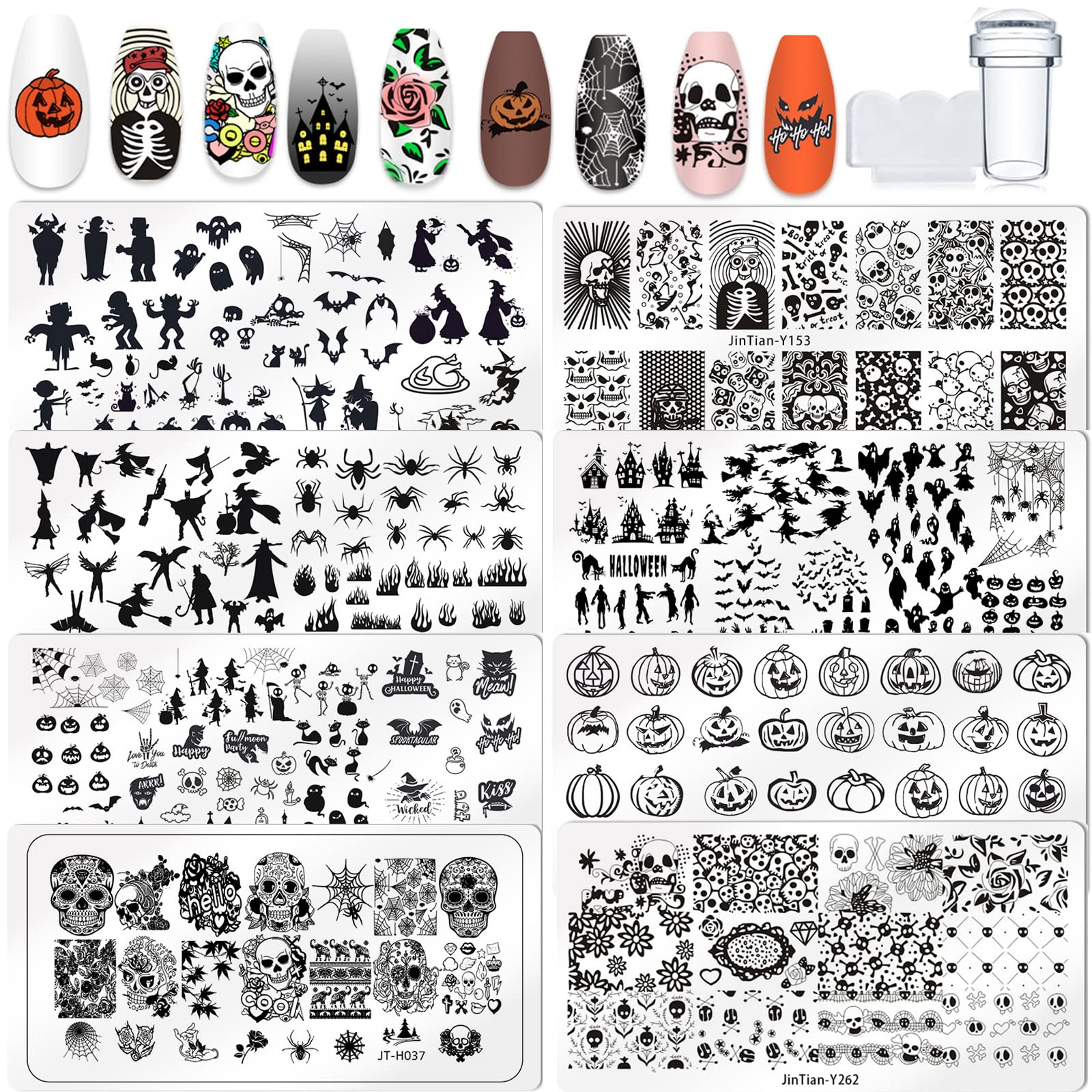 8 PCS Halloween Nail Art Stamping Plates Skull Ghost Bat Spider Witch Halloween Designs Nail Art Plates Templates Nail Stamping Plates 1 Stamper 1 Scraper Lace for DIY Printing Manicure Decoration