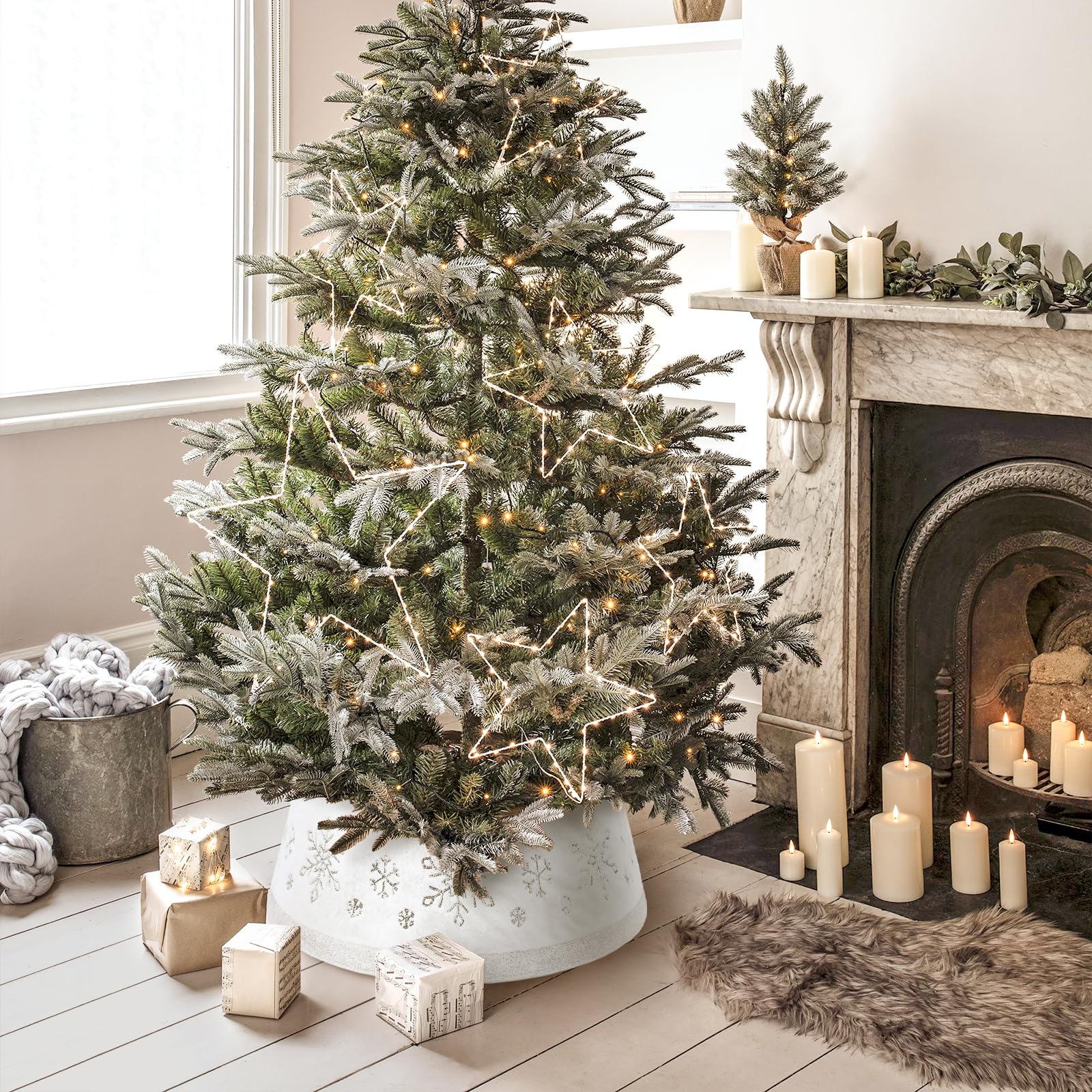 LASPERAL White Christmas Tree Collar, 30 Inches Sliver Snowflake Tree Ring for Artificial Tree Farmhouse Plush Xmas Tree Stand Cover with Plastics Sheets Christmas Holiday Tree Decoration