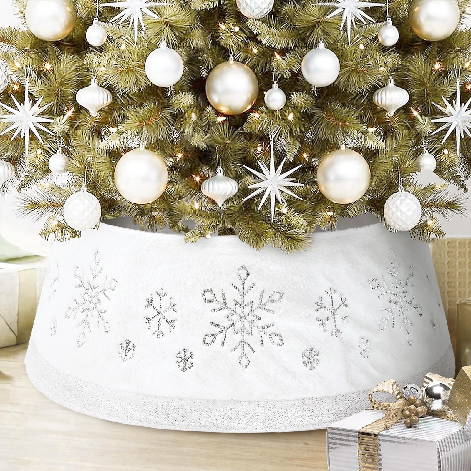 LASPERAL White Christmas Tree Collar, 30 Inches Sliver Snowflake Tree Ring for Artificial Tree Farmhouse Plush Xmas Tree Stand Cover with Plastics Sheets Christmas Holiday Tree Decoration