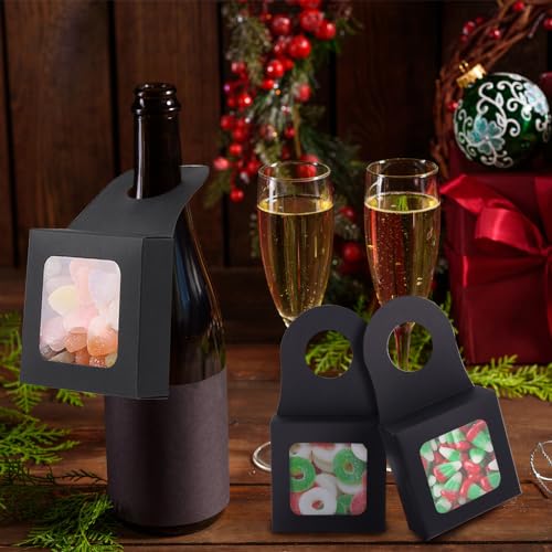 DIYDEC 25pcs Kraft Paper Wine Bottle Box with Window Foldable Black Wine Candy Boxes for Christmas New Year Wedding Parties Favor Wine Accessory Sets