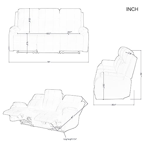 YUNLife&Home 3-Seat Velvet Upholstered Manual Wall Hugger Chair RV Sofa,Double Recliner Sectional Lounge Couch with Soft Padded Headrest&Pillow Top Armrest for Living Room/Apartment/Office/Theater