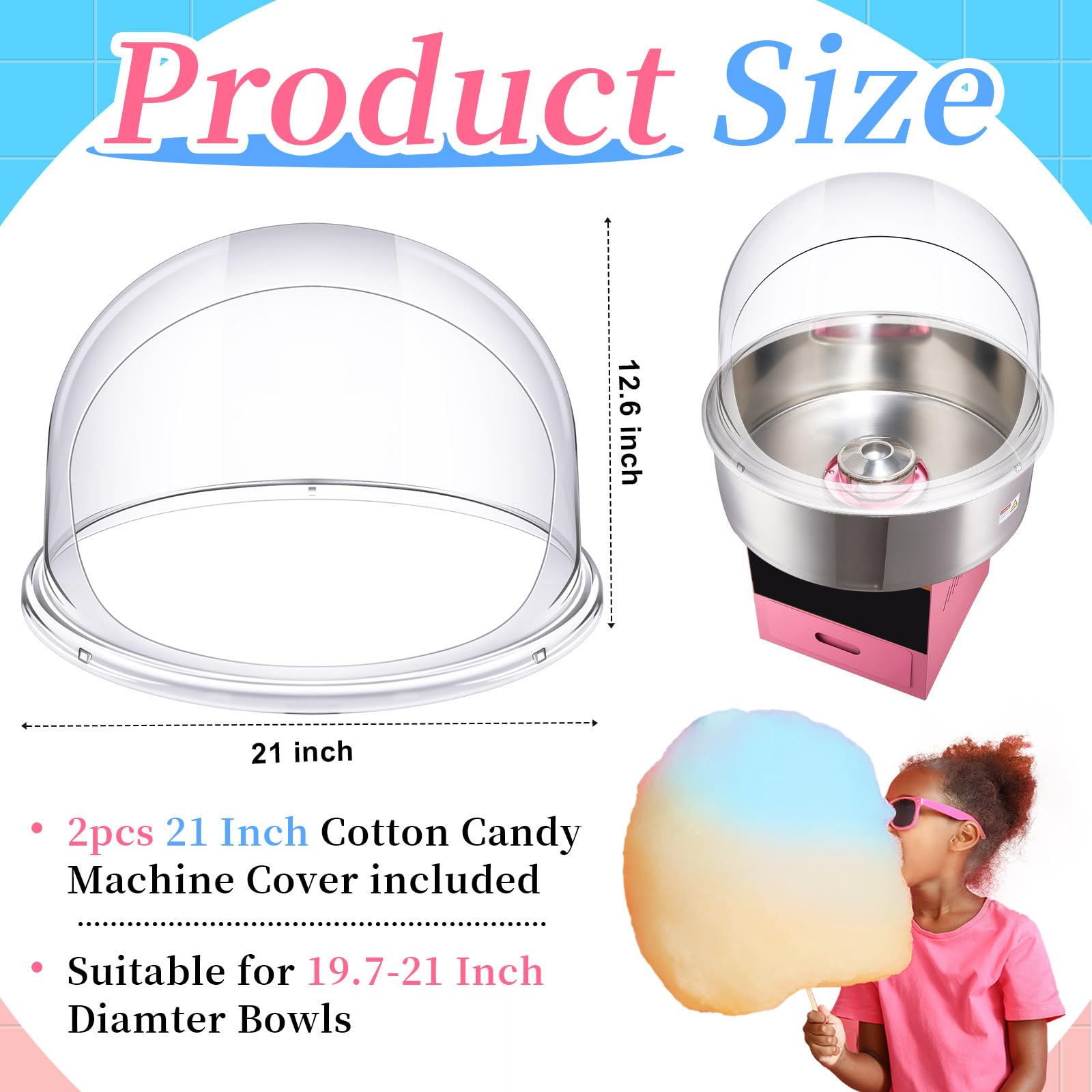 Zhehao 2 Pcs 21 Inch Cotton Candy Machine Cover Dome Bubble Cover Cotton Candy Machine Machine Accessories for Commercial Candy Floss Maker, Clear