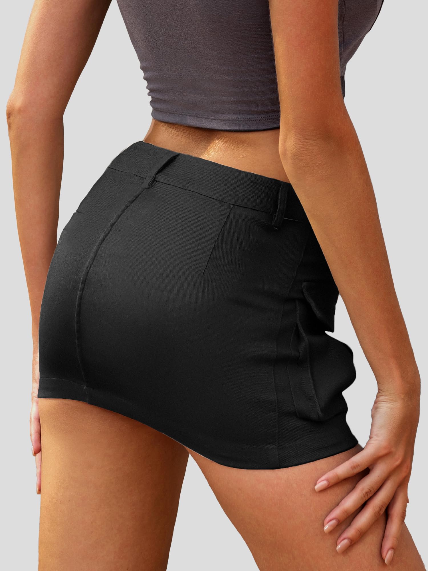 ELLEVEN Mini Cargo Skirts for Women High Stretchy, Low Waist Y2k Skirt Button Cute Denim Bodycon Jean Skirt with Pocket Black Medium