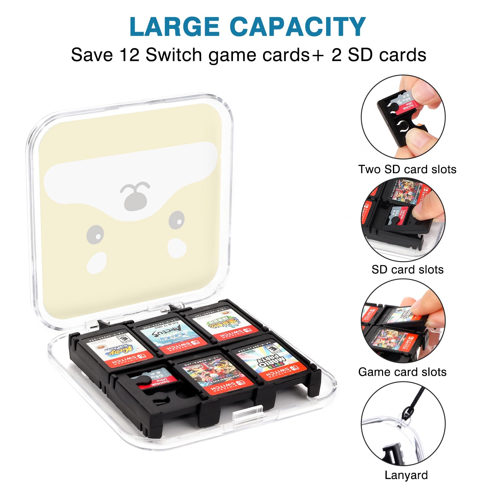 DLseego Game Card Case for Switch Lite/Switch/Switch OLED, Switch Game Cartridge Memory Card Portable Storage Box with 12 Game Card Slots and 2 Micro SD Card Slots and 1PCS Black Chain-Yellow Dog