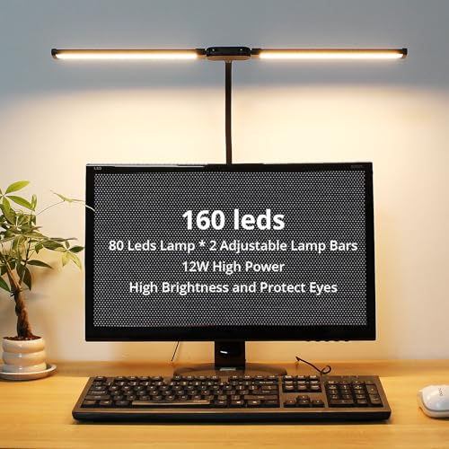 Woputne Desk Lamp Clamp Light, Dual Head, Long Clip Light, 3 Modes x 10 Brightness, 10W 860lumen, Office Clamp Task Table Lamp, Black