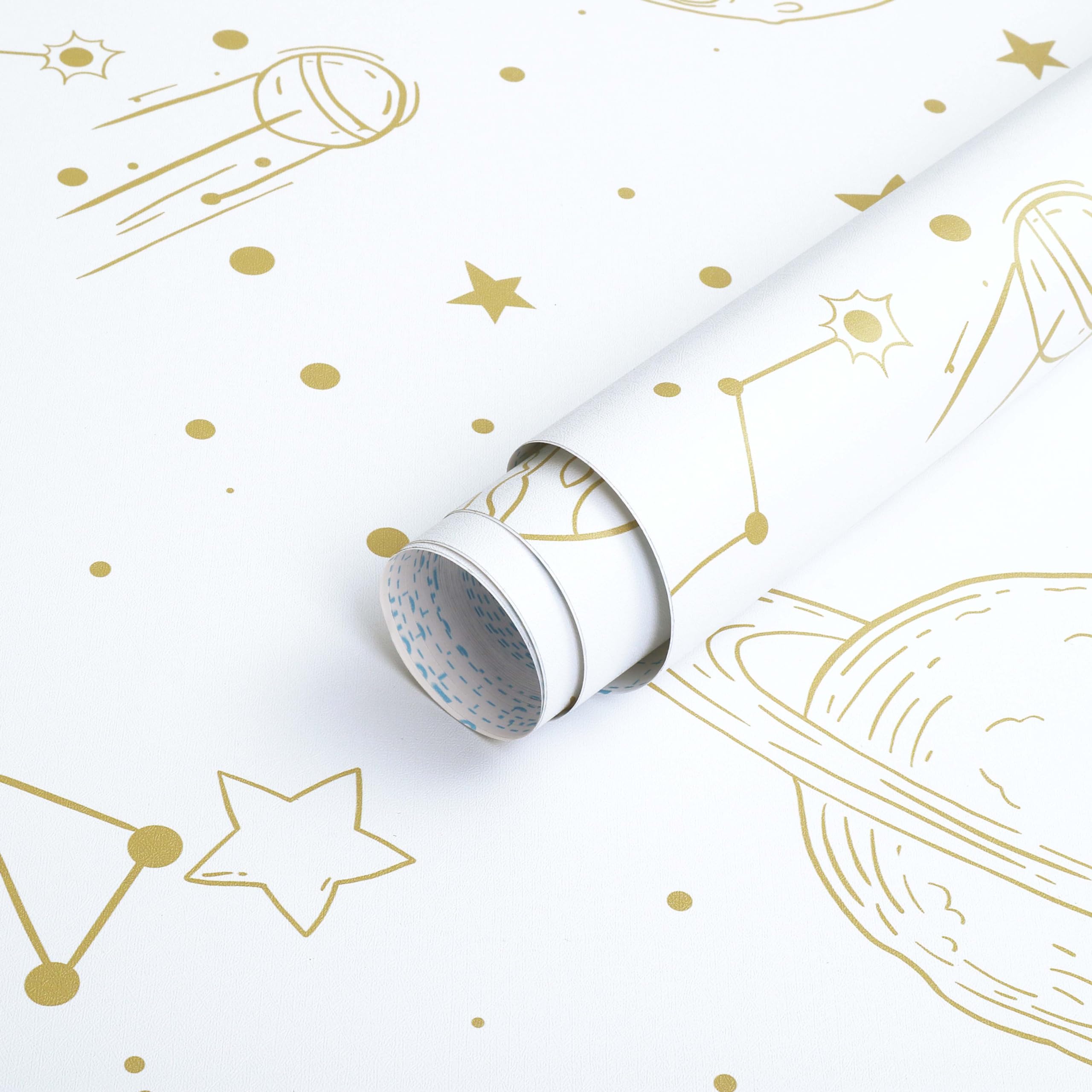 Feisoon Gold Star Wallpaper White Peel and Stick Wallpaper Kid's Bedroom Wallpaper White Moon Wallpaper 16.14"x78.7" Waterproof Contact Paper Self Adhesive Wallpaper Removable Contact Paper Vinyl Roll
