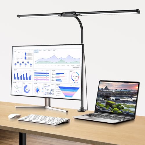 Woputne Desk Lamp Clamp Light, Dual Head, Long Clip Light, 3 Modes x 10 Brightness, 10W 860lumen, Office Clamp Task Table Lamp, Black