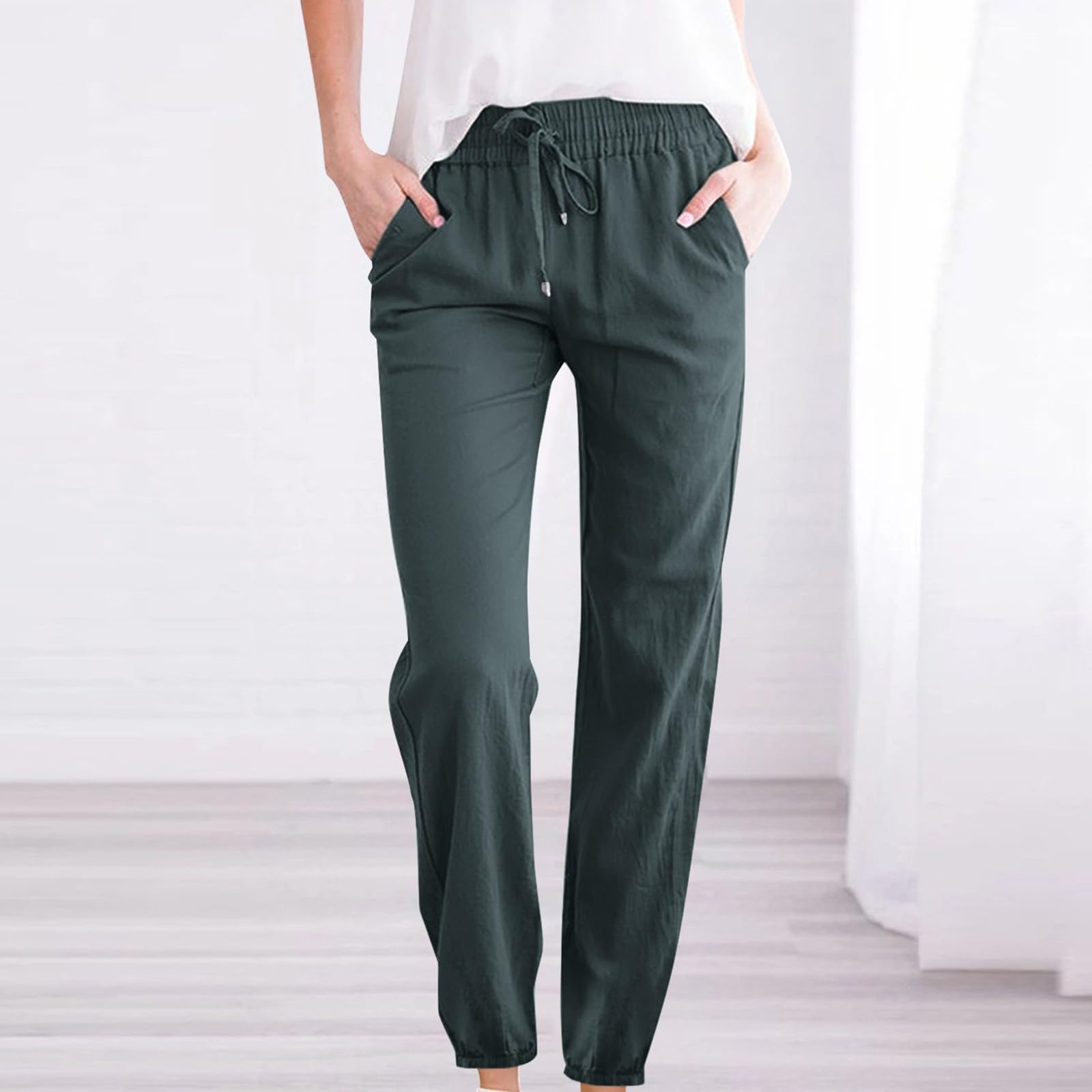 SMIDOW Warehouse Pant Womens Flowy Pants Womens Cotton Linen Pants Drawstring Elastic Waist Tapered Pants with Pockets Relaxed Fit Casual Fall Pants Army Green XL
