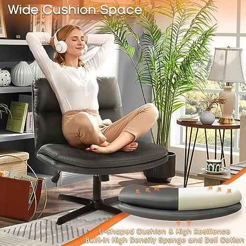 PUKAMI Armless Office Desk Chair No Wheels,PU Padded Modern Swivel Criss Cross Legged Chair,Height Adjustable Wide Seat Computer Task Chair for Home Office,Mid Back Accent Vanity Chair (Grey)