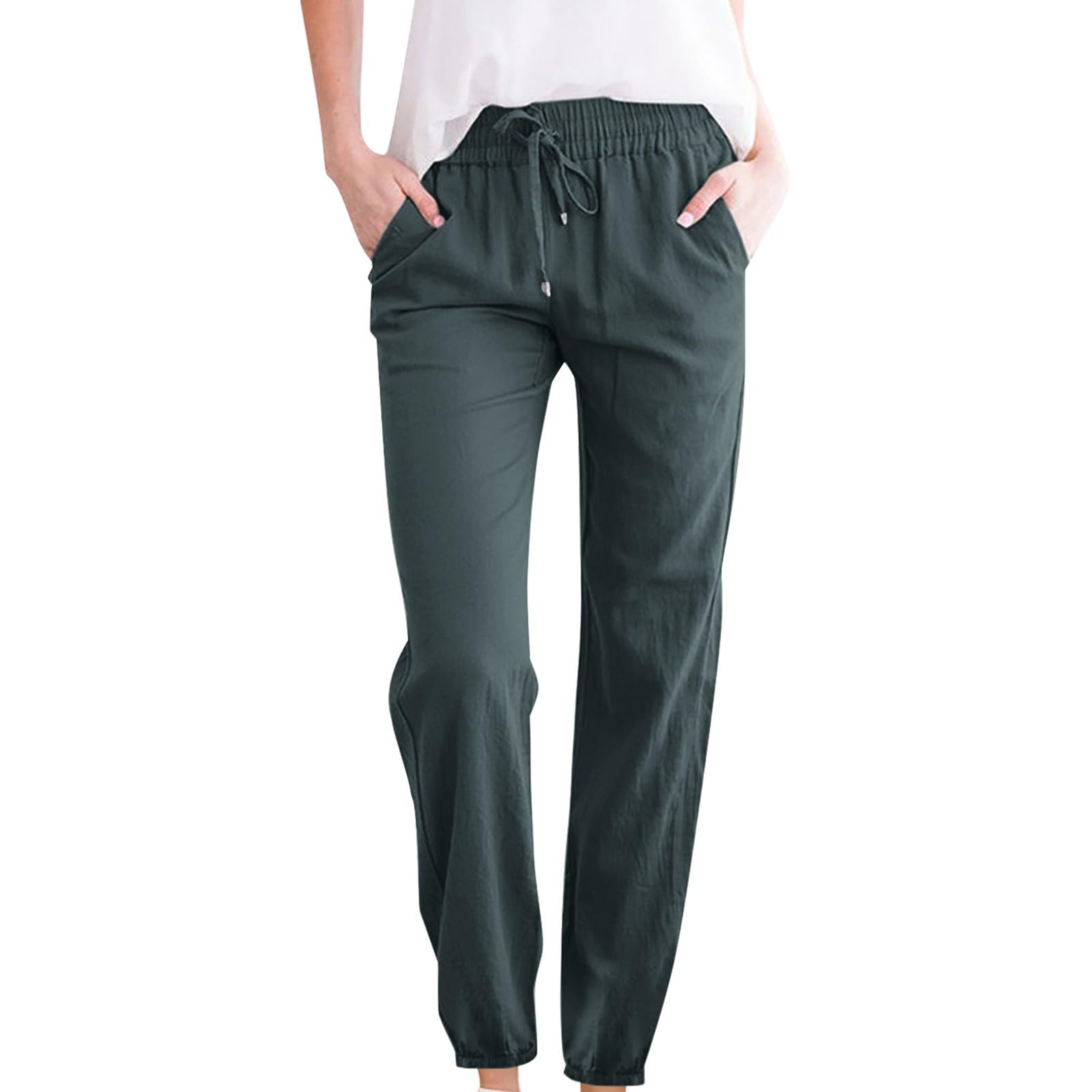 SMIDOW Warehouse Pant Womens Flowy Pants Womens Cotton Linen Pants Drawstring Elastic Waist Tapered Pants with Pockets Relaxed Fit Casual Fall Pants Army Green XL