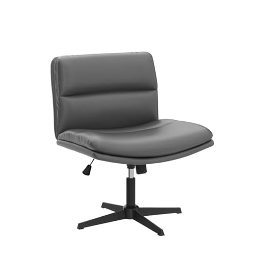 PUKAMI Armless Office Desk Chair No Wheels,PU Padded Modern Swivel Criss Cross Legged Chair,Height Adjustable Wide Seat Computer Task Chair for Home Office,Mid Back Accent Vanity Chair (Grey)