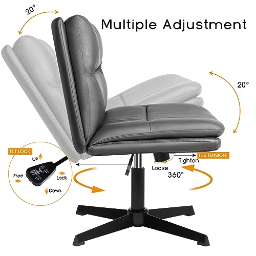 PUKAMI Armless Office Desk Chair No Wheels,PU Padded Modern Swivel Criss Cross Legged Chair,Height Adjustable Wide Seat Computer Task Chair for Home Office,Mid Back Accent Vanity Chair (Grey)
