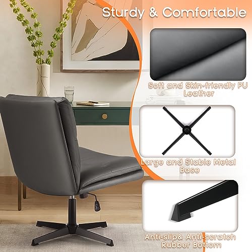 PUKAMI Armless Office Desk Chair No Wheels,PU Padded Modern Swivel Criss Cross Legged Chair,Height Adjustable Wide Seat Computer Task Chair for Home Office,Mid Back Accent Vanity Chair (Grey)