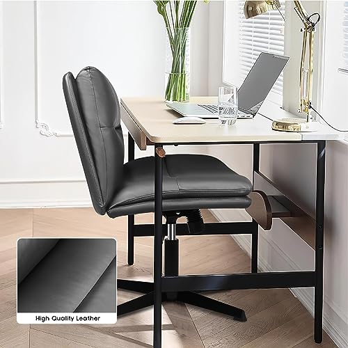 PUKAMI Armless Office Desk Chair No Wheels,PU Padded Modern Swivel Criss Cross Legged Chair,Height Adjustable Wide Seat Computer Task Chair for Home Office,Mid Back Accent Vanity Chair (Grey)