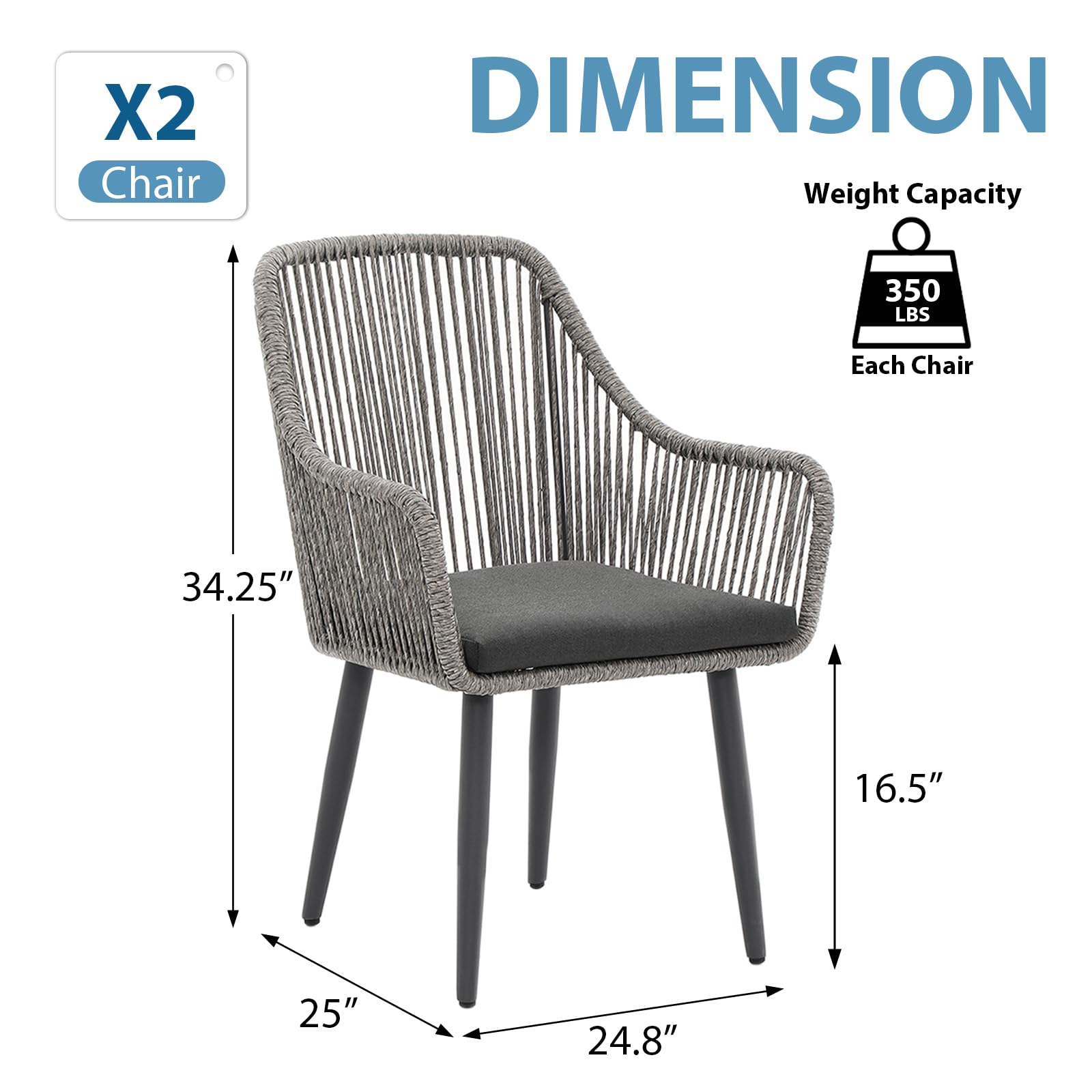 JOIVI Outdoor Patio Dining Chairs Set of 2, Woven Rattan Chairs with Armrest & Cushions Kitchen Wicker Dining Chairs with Iron Frame, Outdoor Seating for Outside, Lawn, Garden, Backyard, Indoor, Gray