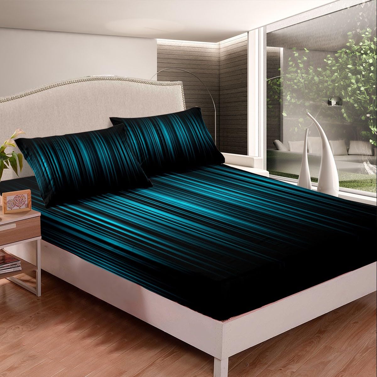 Feelyou Abstract Ombre Sheets with Deep Pocket Fitted Sheet Twin Size, Blue and Black Bed Sheets Set for Kids Toddler Blue and Black Striped Sheet Set Modern Abstract Geometric Bedding Set 3Pcs