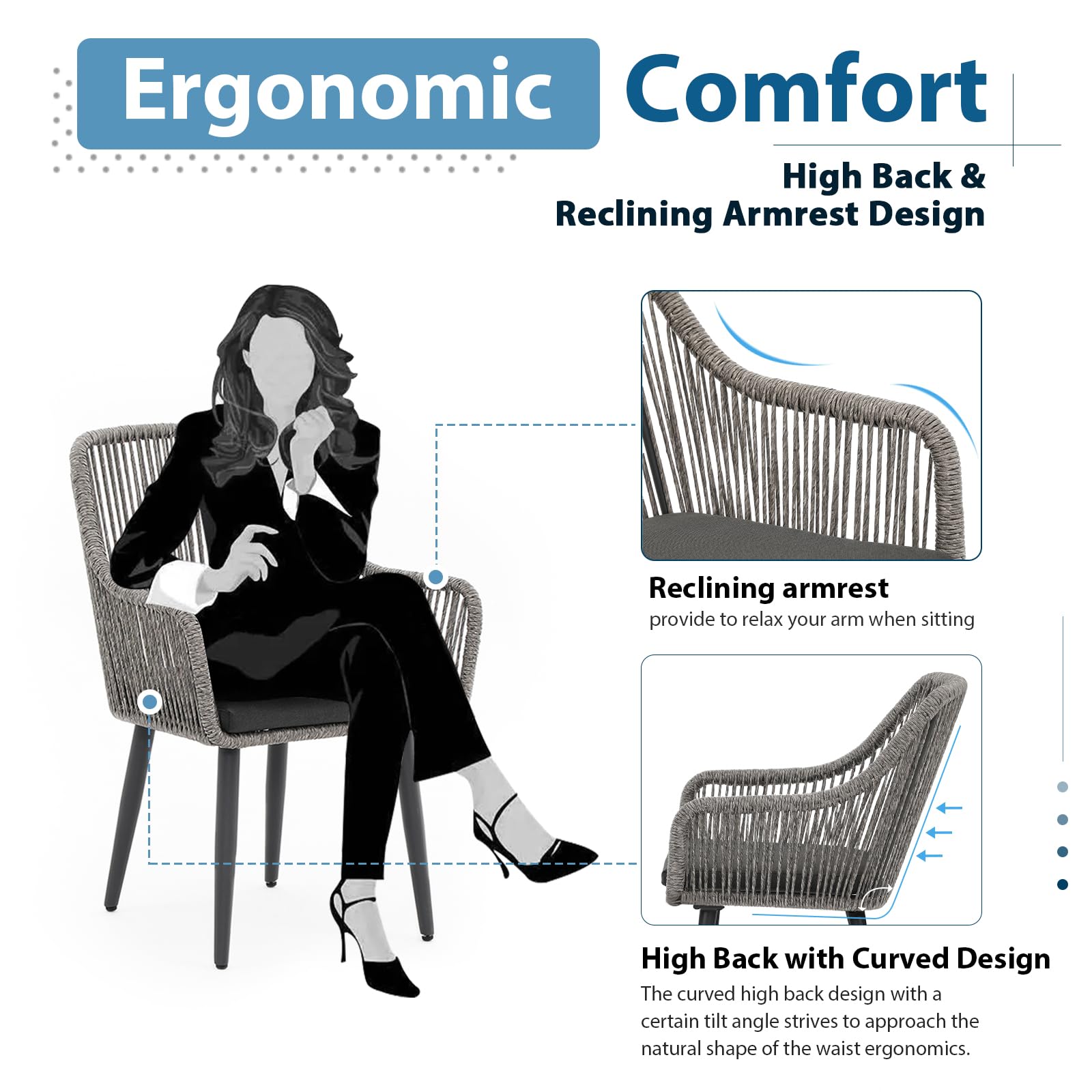 JOIVI Outdoor Patio Dining Chairs Set of 2, Woven Rattan Chairs with Armrest & Cushions Kitchen Wicker Dining Chairs with Iron Frame, Outdoor Seating for Outside, Lawn, Garden, Backyard, Indoor, Gray