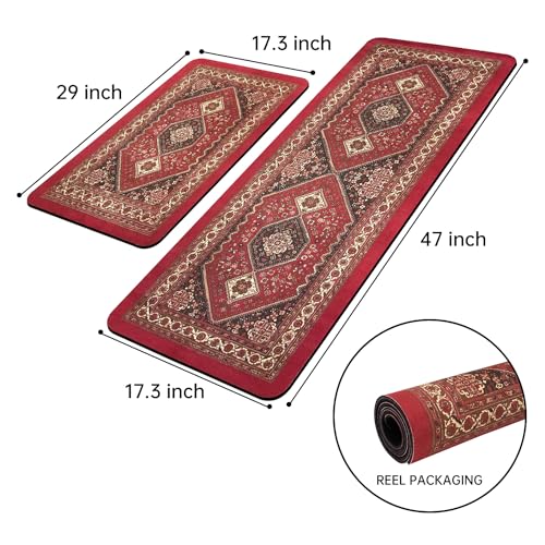 eqivei Kitchen Rugs Sets of 2, Non-Skid Rubber Kitchen Mats for Floor, Boho Kitchen Runner Rugs and Mats Washable, Farmhouse Cushioned Standing Mat for Kitchen, Front of Sink, Laundry(Red)