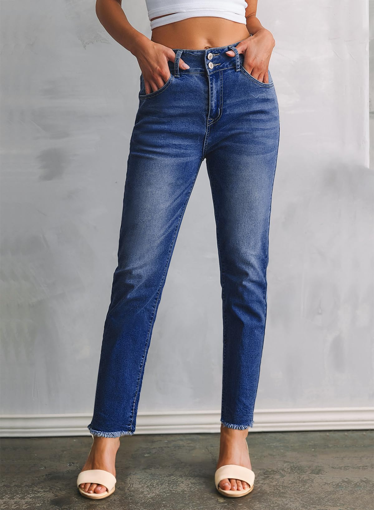 Sidefeel Women's High Waisted Tummy Control Jeans Spring Outfit 2025 Strechy Straight Leg Denim Pants Blue Size 16