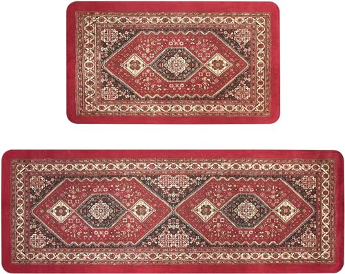 eqivei Kitchen Rugs Sets of 2, Non-Skid Rubber Kitchen Mats for Floor, Boho Kitchen Runner Rugs and Mats Washable, Farmhouse Cushioned Standing Mat for Kitchen, Front of Sink, Laundry(Red)