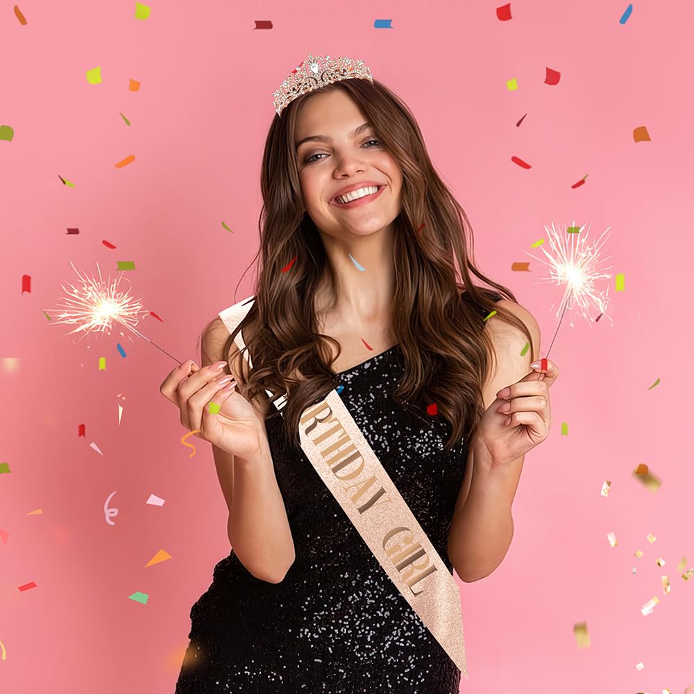 Birthday Sash, Headband, Tiara, and Rose Gold Decorations for Women and Girls