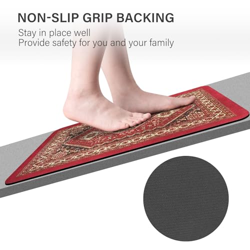 eqivei Kitchen Rugs Sets of 2, Non-Skid Rubber Kitchen Mats for Floor, Boho Kitchen Runner Rugs and Mats Washable, Farmhouse Cushioned Standing Mat for Kitchen, Front of Sink, Laundry(Red)