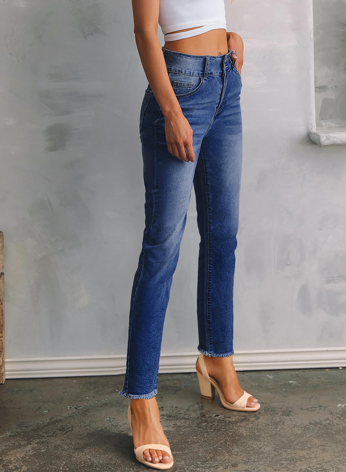 Sidefeel Women's High Waisted Tummy Control Jeans Spring Outfit 2025 Strechy Straight Leg Denim Pants Blue Size 16
