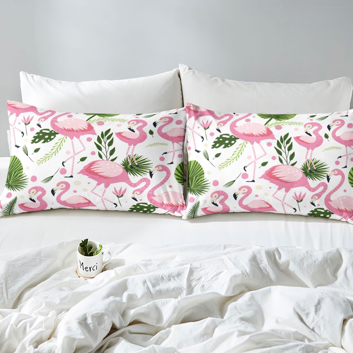 Feelyou Flamingo Bed Sheets Set Twin Size, Pink Flamingo Sheet Set for Kids Tropical Flamingo Pattern Sheets with Deep Pocket Fitted Sheet Plam Leaf Bedding Set Microfiber Bed Set