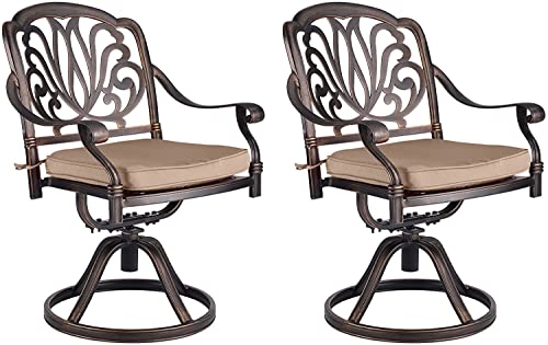 LEISU 2 Piece Cast Aluminum Bistro Dining Chair Outdoor Bistro Chairs with Khaki Cushions for Home Patio Garden Deck (2 Swivel Rocker)