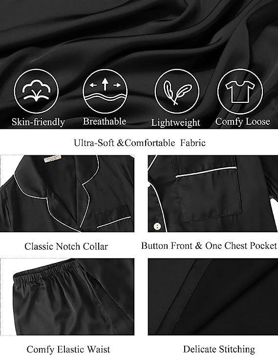 DXFZPGS Silk Satin Pajamas for Womens Pajama Sets Short Sleeve Soft Satin Button Down Loungewear 2 Piece Pjs Shorts Set A-black