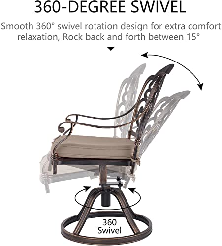 LEISU 2 Piece Cast Aluminum Bistro Dining Chair Outdoor Bistro Chairs with Khaki Cushions for Home Patio Garden Deck (2 Swivel Rocker)