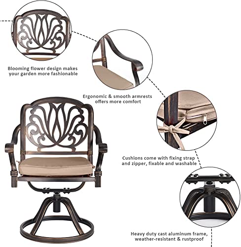 LEISU 2 Piece Cast Aluminum Bistro Dining Chair Outdoor Bistro Chairs with Khaki Cushions for Home Patio Garden Deck (2 Swivel Rocker)