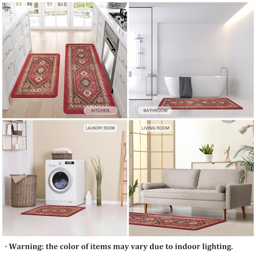 eqivei Kitchen Rugs Sets of 2, Non-Skid Rubber Kitchen Mats for Floor, Boho Kitchen Runner Rugs and Mats Washable, Farmhouse Cushioned Standing Mat for Kitchen, Front of Sink, Laundry(Red)