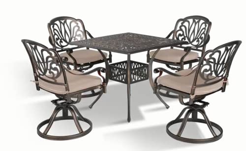LEISU 2 Piece Cast Aluminum Bistro Dining Chair Outdoor Bistro Chairs with Khaki Cushions for Home Patio Garden Deck (2 Swivel Rocker)