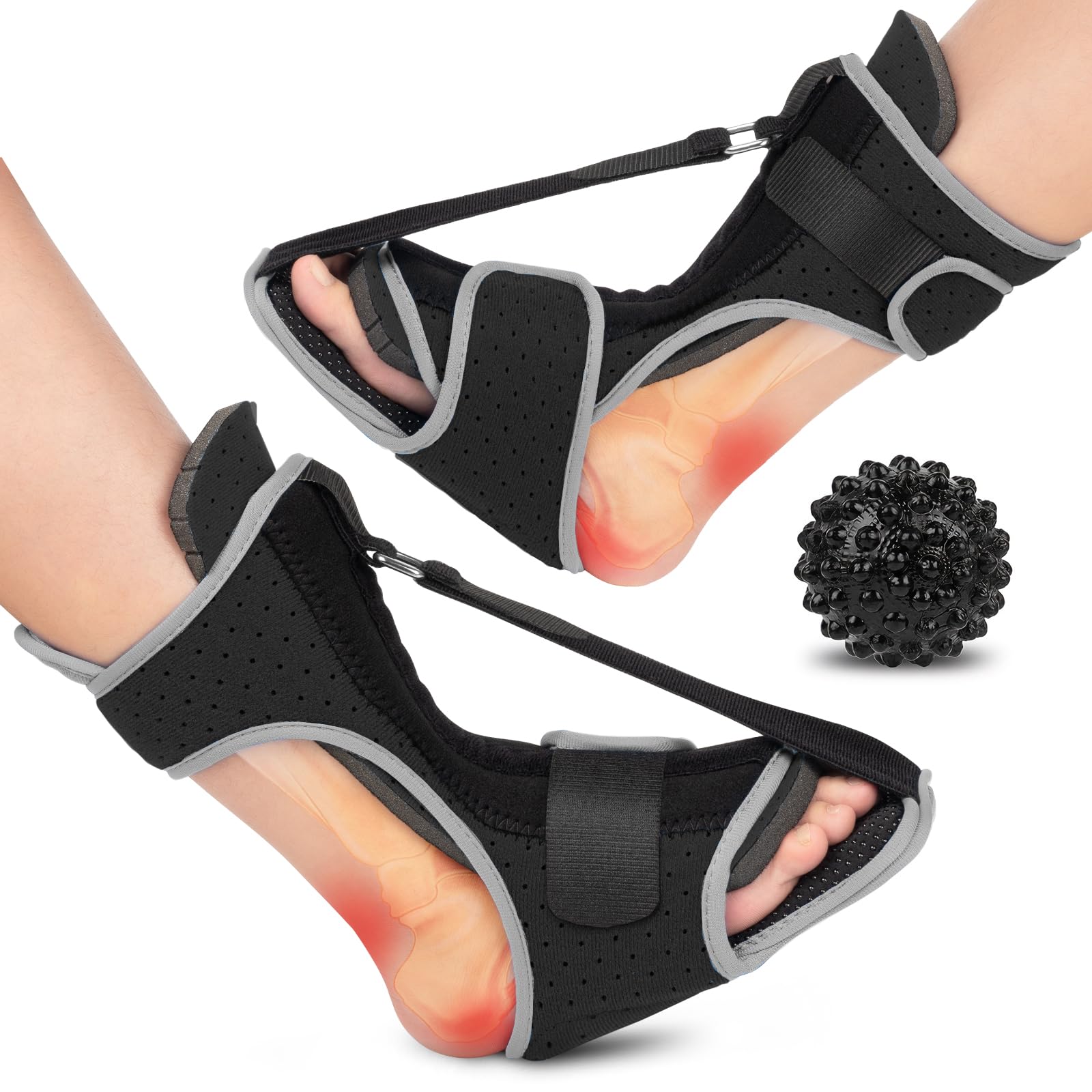 BSTBOO Plantar Fasciitis Night Splint: 2pcs Upgraded Plantar Fasciitis Brace with Massage Ball for Foot Pain Relief by Plantar Fasciitis Achilles Tendonitis Foot Drop Flat Arch Heel Spur | Comfortable & Easy Use for Women Men Black