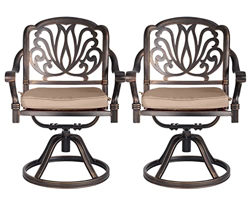 LEISU 2 Piece Cast Aluminum Bistro Dining Chair Outdoor Bistro Chairs with Khaki Cushions for Home Patio Garden Deck (2 Swivel Rocker)