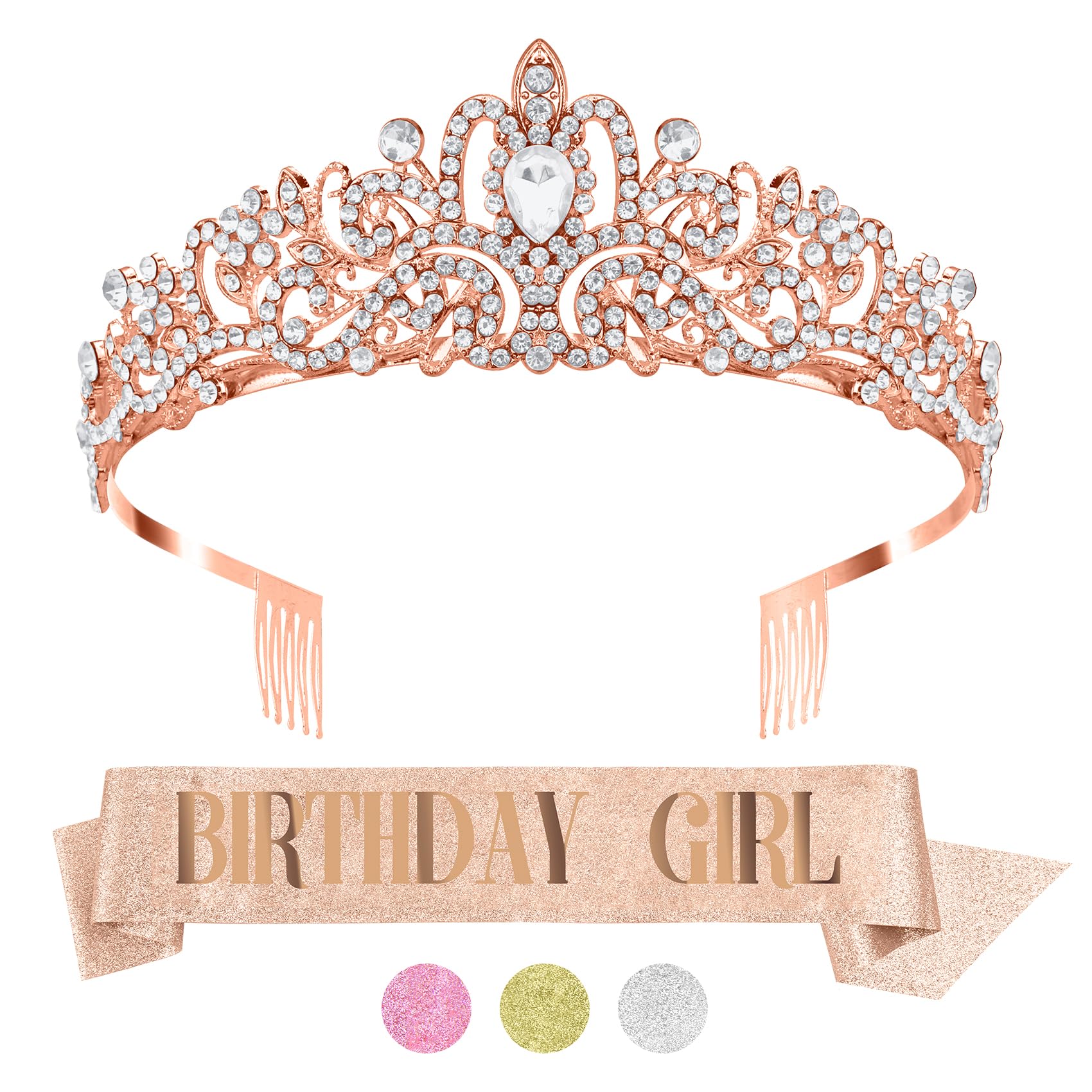 Birthday Sash, Headband, Tiara, and Rose Gold Decorations for Women and Girls