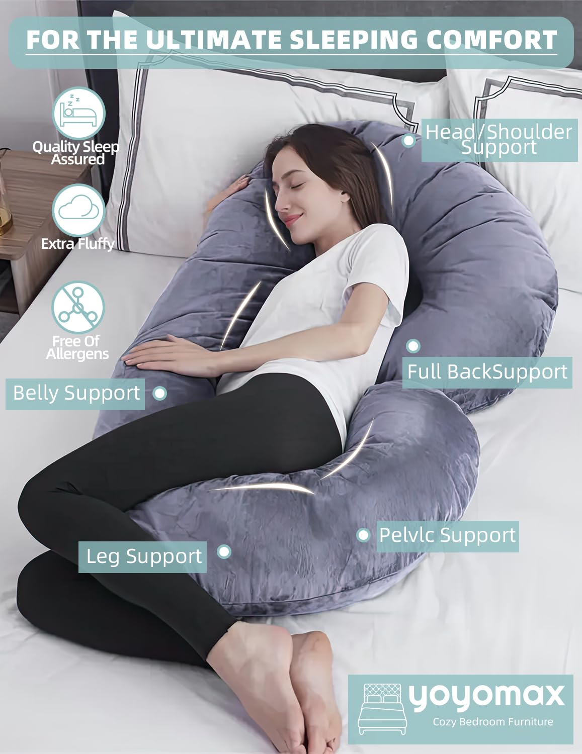 TINKLE WELL C-Shaped Pregnancy Pillows, Memory Foam Pregnancy Pillow Full Body Maternity Pillow with Removable Cover, 52 Inch Pregnancy Pillows for Sleeping (Grey)