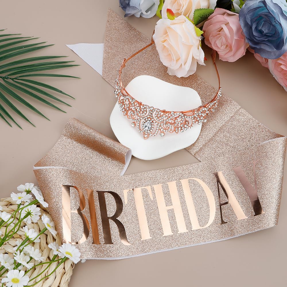 Birthday Sash, Headband, Tiara, and Rose Gold Decorations for Women and Girls