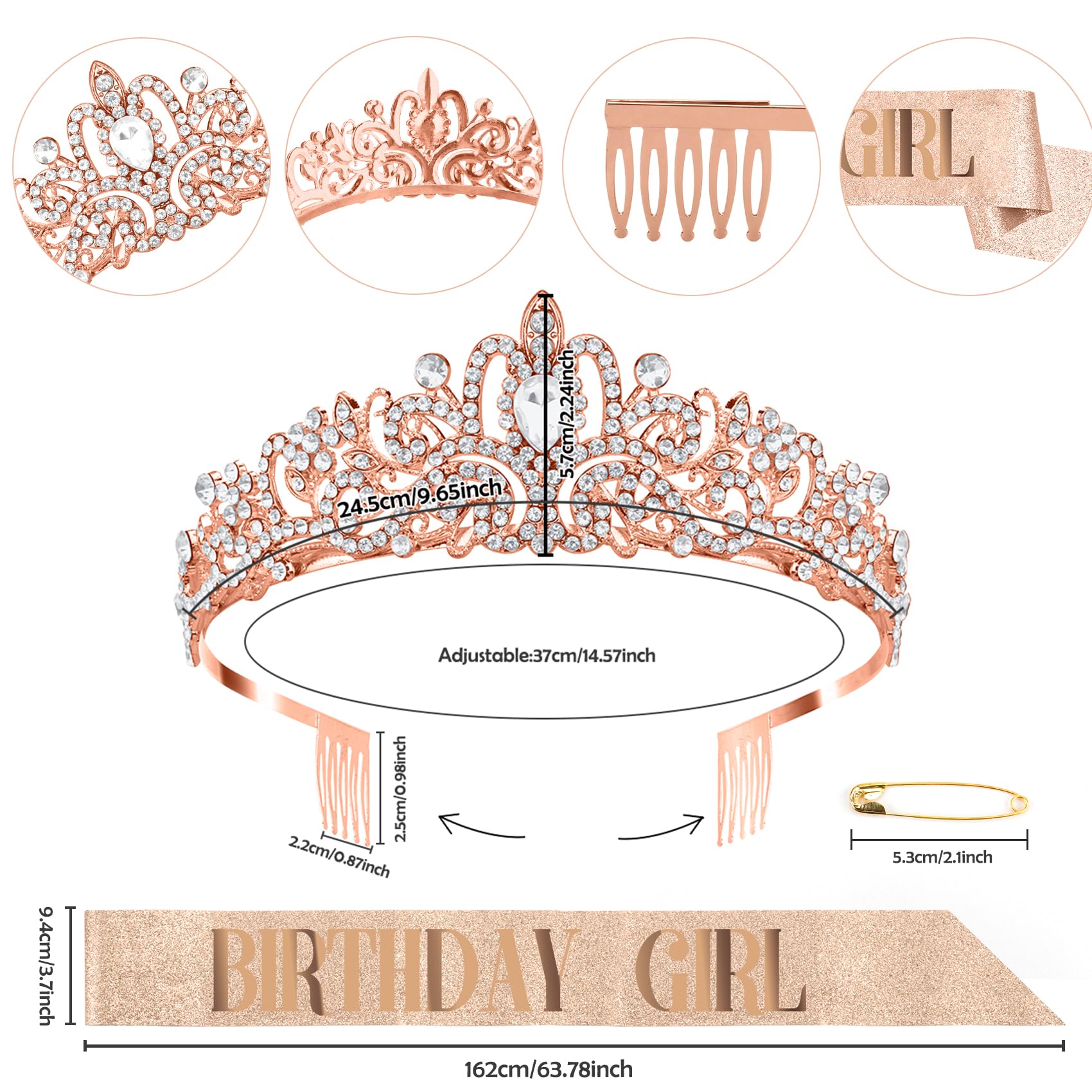 Birthday Sash, Headband, Tiara, and Rose Gold Decorations for Women and Girls