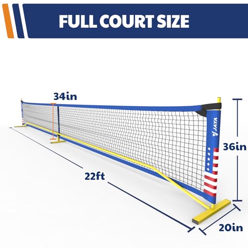JAYA Pickleball Nets Portable Outdoor, 22FT Regulation Size Pickleball Net with Carrying Bag for Driveway Backyards Golden Yellow with Flag Blue