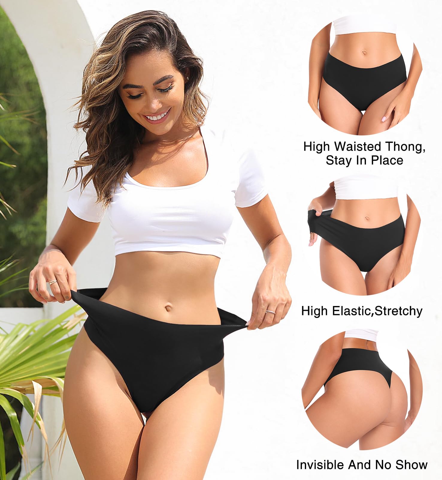 Wealurre Womens Underwear High Waisted Seamless Thongs for Women Breathable No Show Panties for Ladies 6 Pack (Black,M)