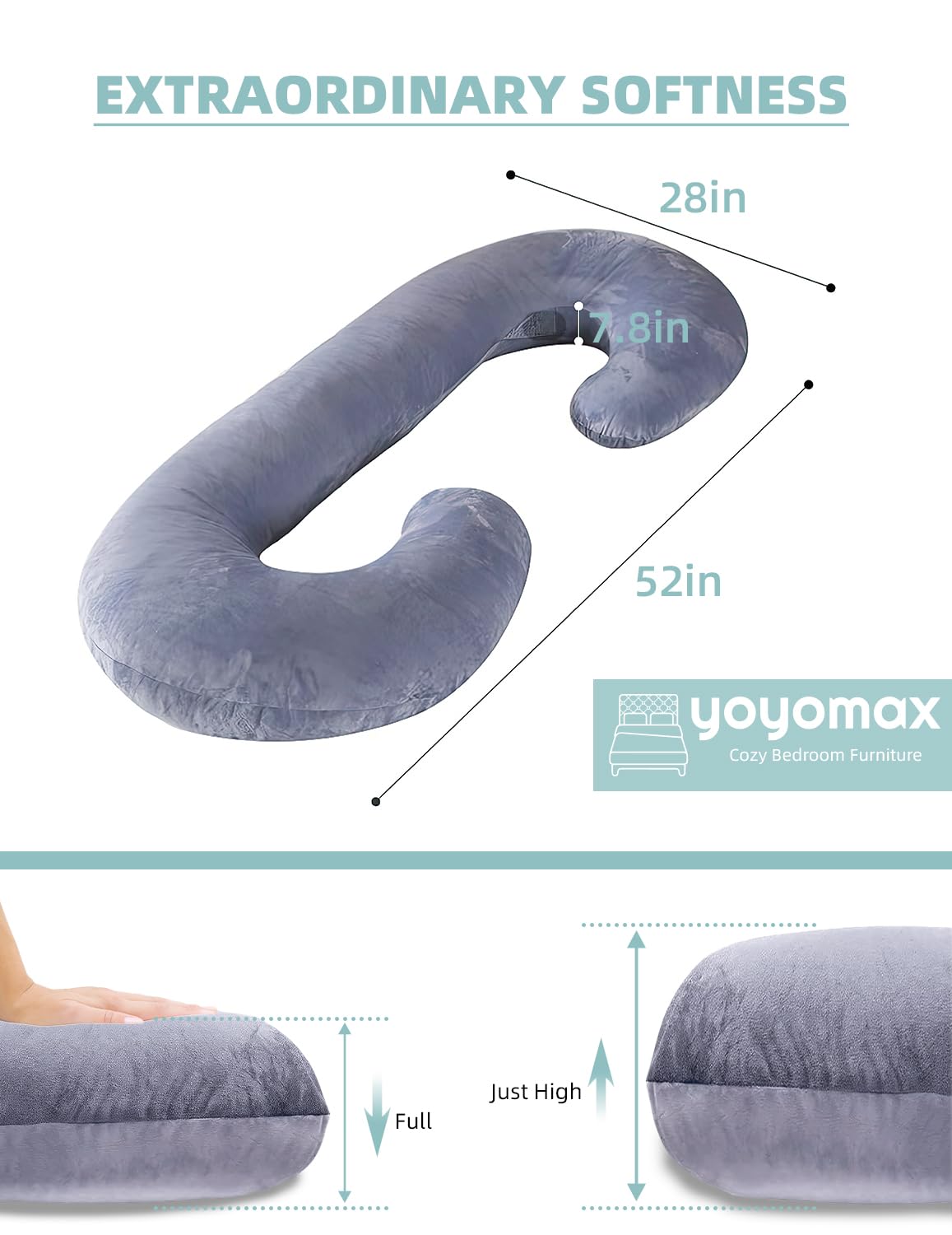 TINKLE WELL C-Shaped Pregnancy Pillows, Memory Foam Pregnancy Pillow Full Body Maternity Pillow with Removable Cover, 52 Inch Pregnancy Pillows for Sleeping (Grey)
