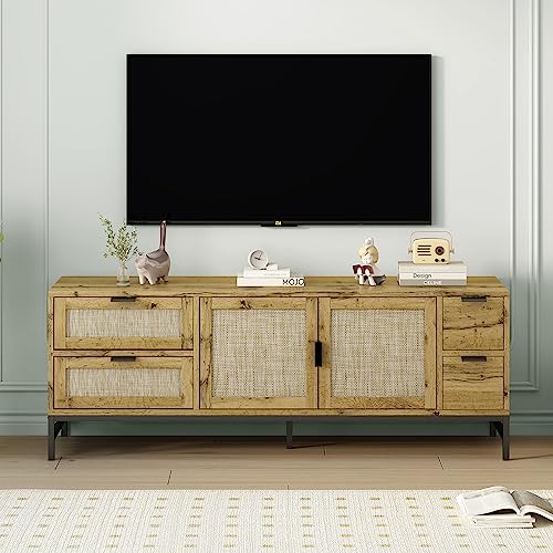 Voohek Boho Stand with Drawers and Adjustable Shelves, Media Console Table for 65 inch Television, Entertainment Center w/Storage Used in Living Room, for 65" TV/Rattan, Natural