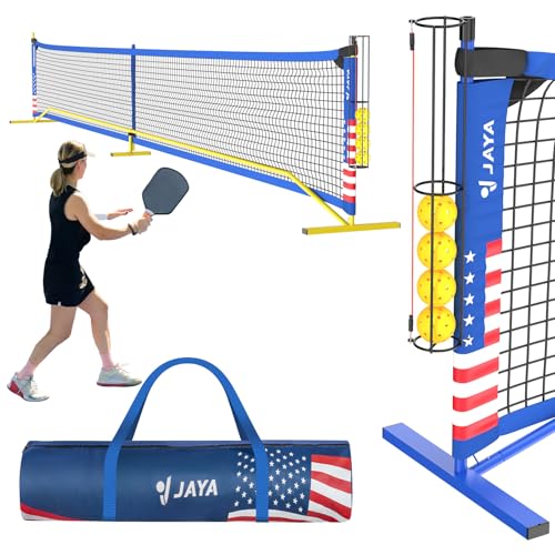 JAYA Pickleball Nets Portable Outdoor, 22FT Regulation Size Pickleball Net with Carrying Bag for Driveway Backyards Blue with Flag Blue