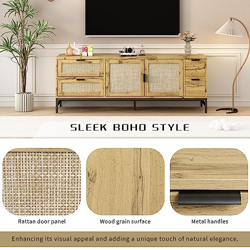 Voohek Boho Stand with Drawers and Adjustable Shelves, Media Console Table for 65 inch Television, Entertainment Center w/Storage Used in Living Room, for 65" TV/Rattan, Natural