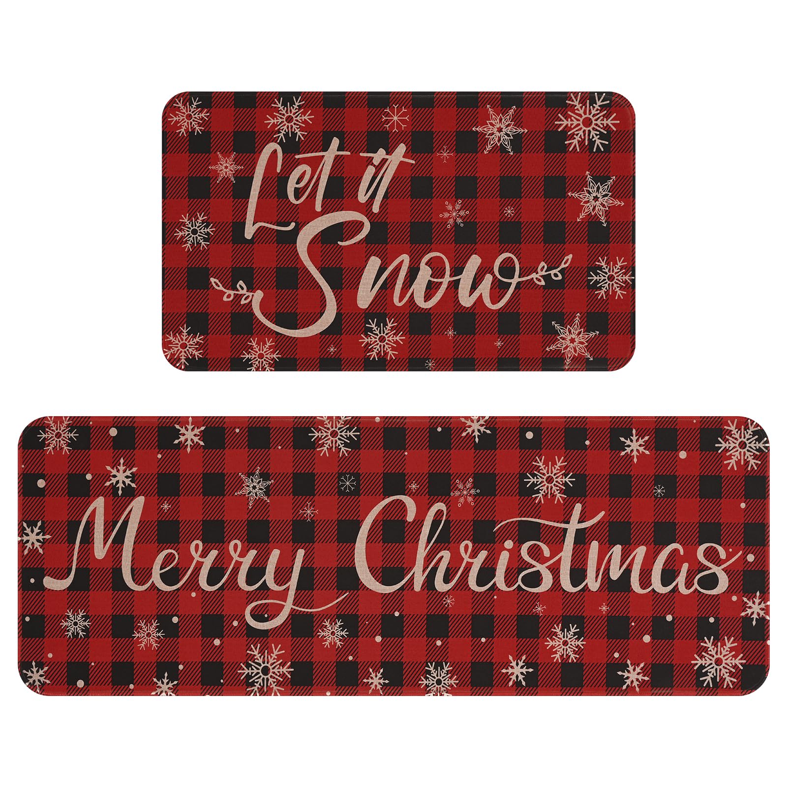 Alishomtll Christmas Kitchen Mats for Floor 2 Pieces, Non Slip Absorbent Kitchen Rugs Washable for Christmas Decor, Red Checkered Christmas Door Mat and Rug, 17''x47''+17''x29''