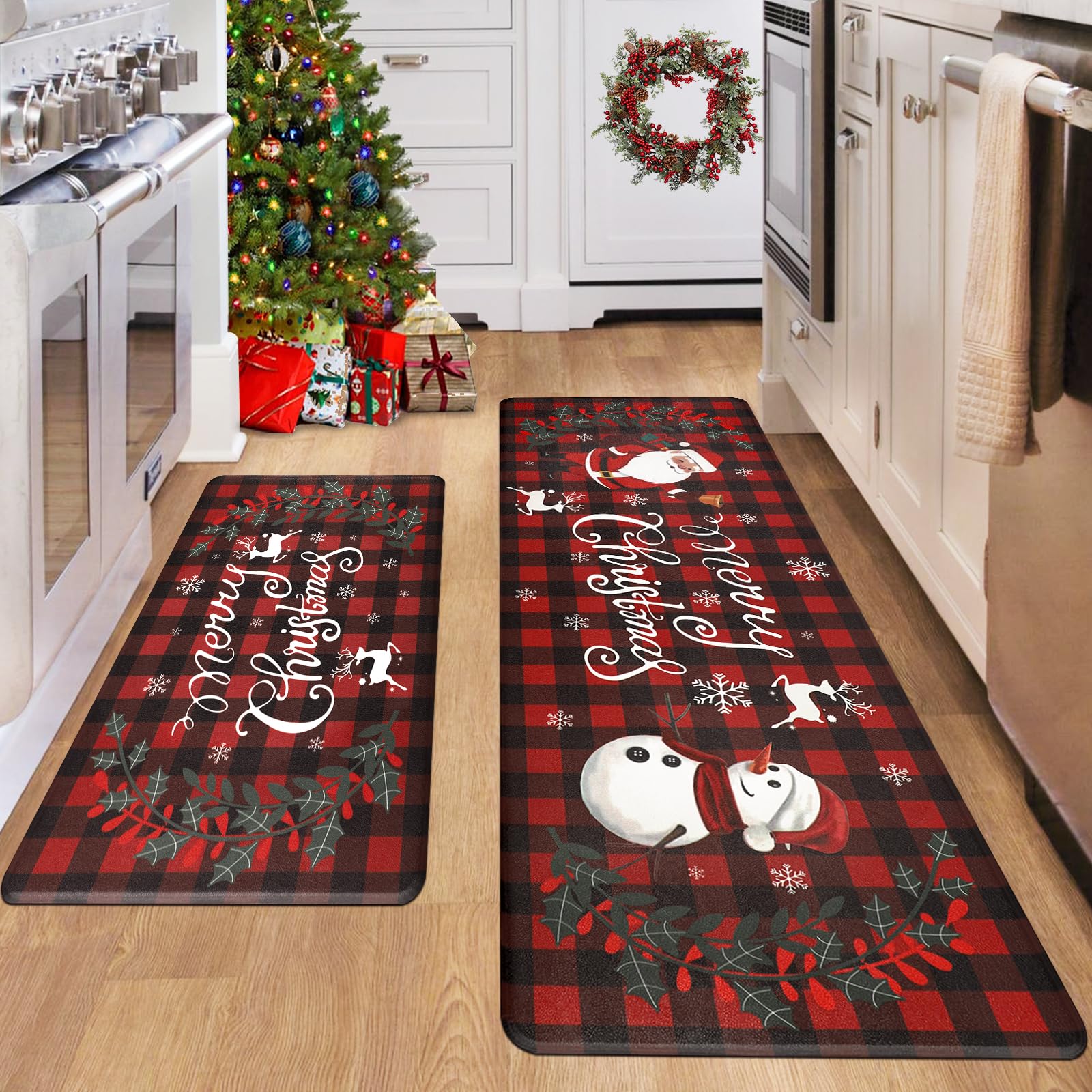 Capslpad Buffalo Plaid Christmas Kitchen Rugs Set of 2 Snowman Santa Claus Xmas Kitchen Floor Mats Non Slip Anti Fatigue Kitchen Mats for Floor Merry Christmas Cushioned Kitchen Rug Holiday Decor